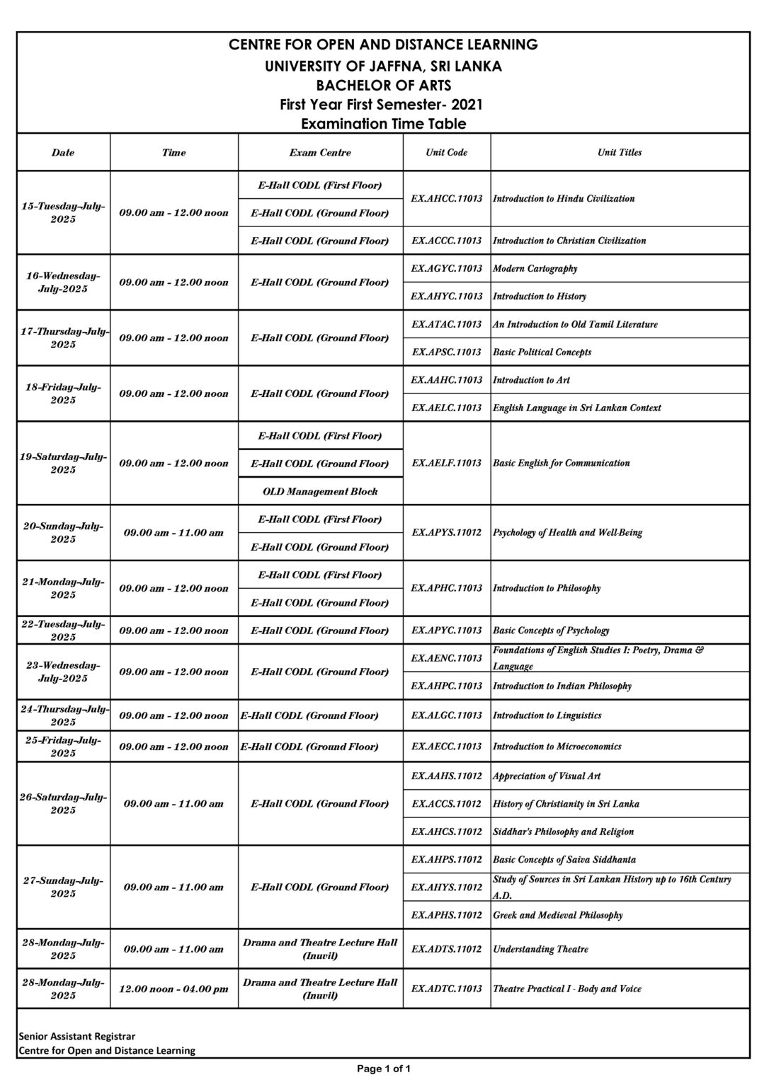 Examination Timetable – Bachelor of Arts – First Year First Semester ...