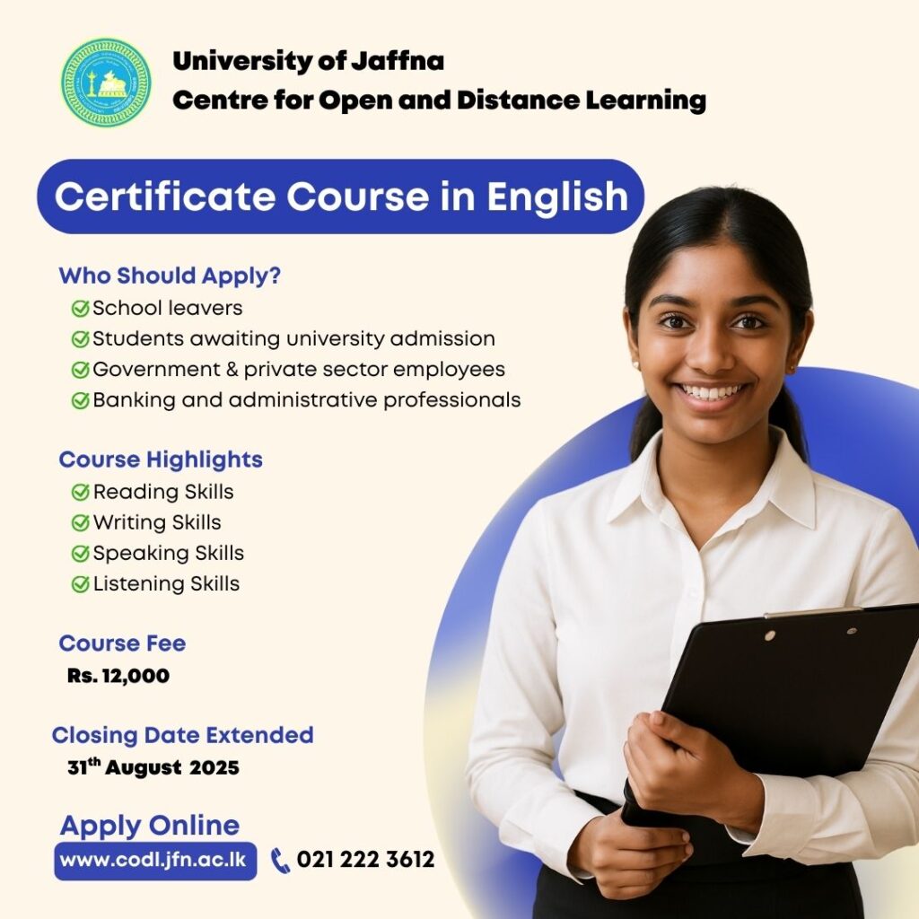 Enroll Now: Certificate Course in English – University of Jaffna ...