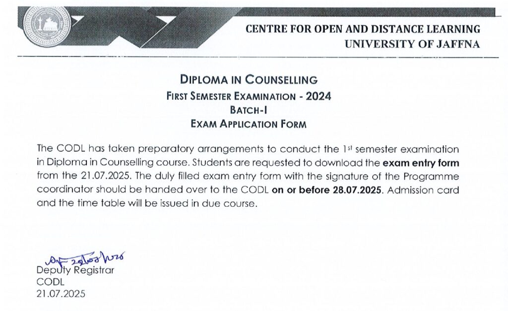 EXAM APPLICATION | DIPLOMA IN COUNSELLING FIRST SEMESTER EXAMINATION | BATCH-I – Centre for Open ...